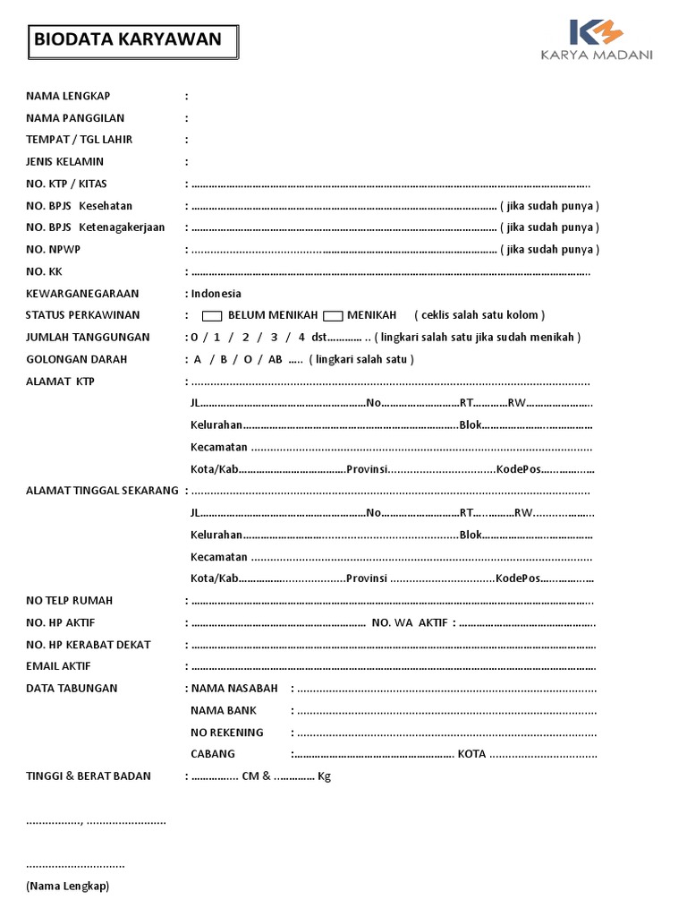 Form Database Karyawan Karya Madani | PDF