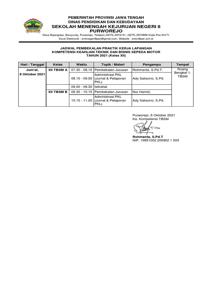 Jadwal Pembekalan PKL 2021 | PDF