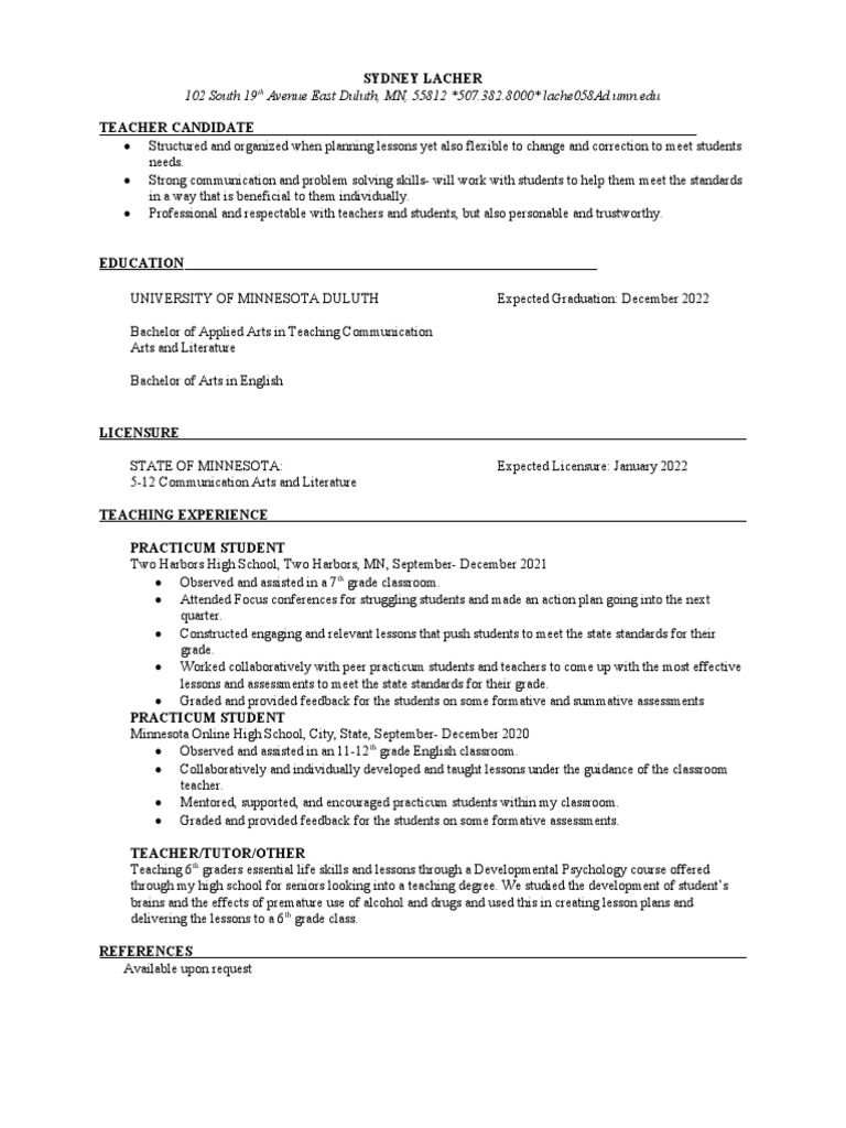 Sydney Lacher Resume | PDF | Teachers | Behavior Modification