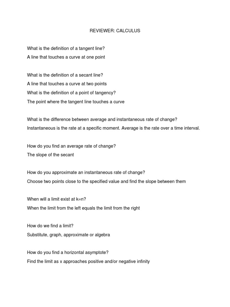 Calculus Reviewer Pdf Derivative Tangent
