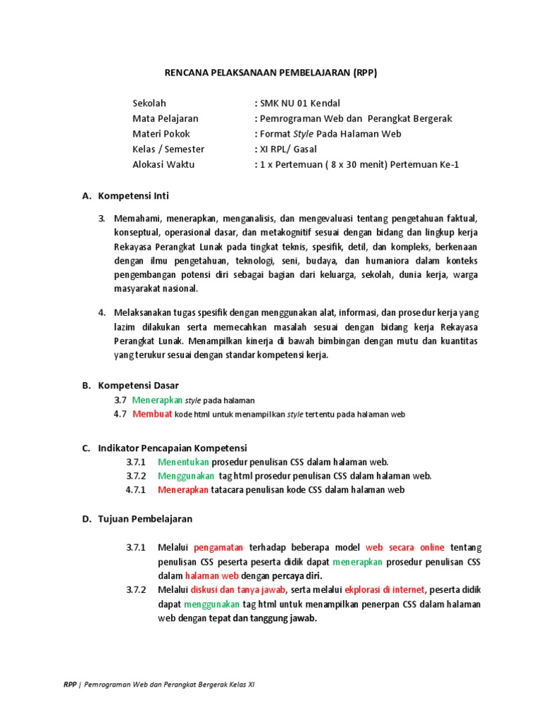 RPP Pemrograman Web Kelas XI: CSS | PDF