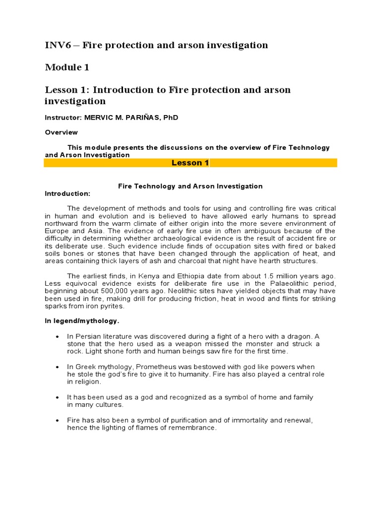 INV6 - Fire Protection and Arson Investigation Lesson 1: Introduction To Fire Protection and ...
