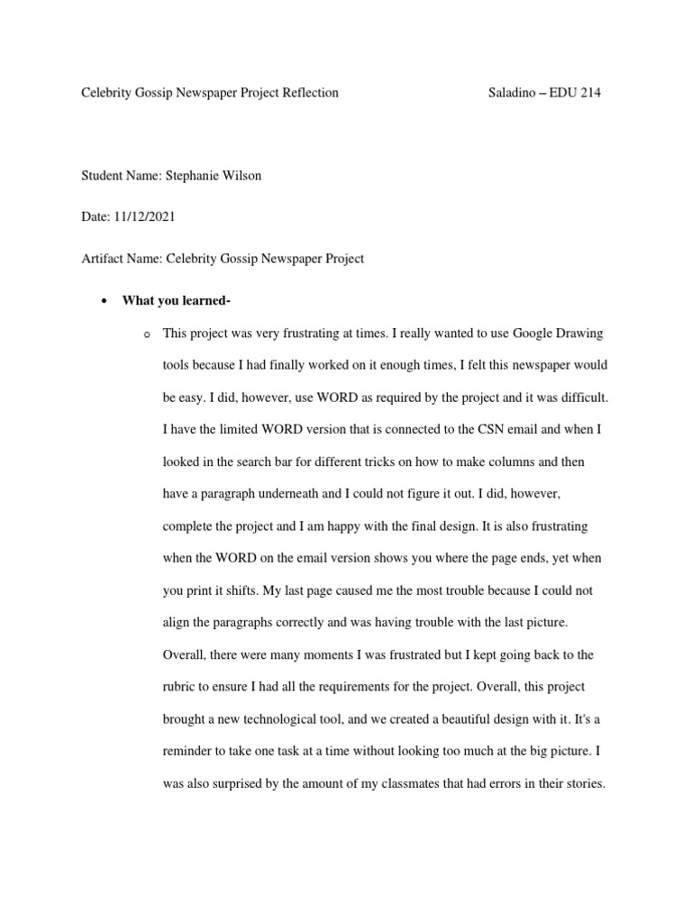 Celebrity Gossip Newspaper Project Reflection - Wilson 1 | PDF ...