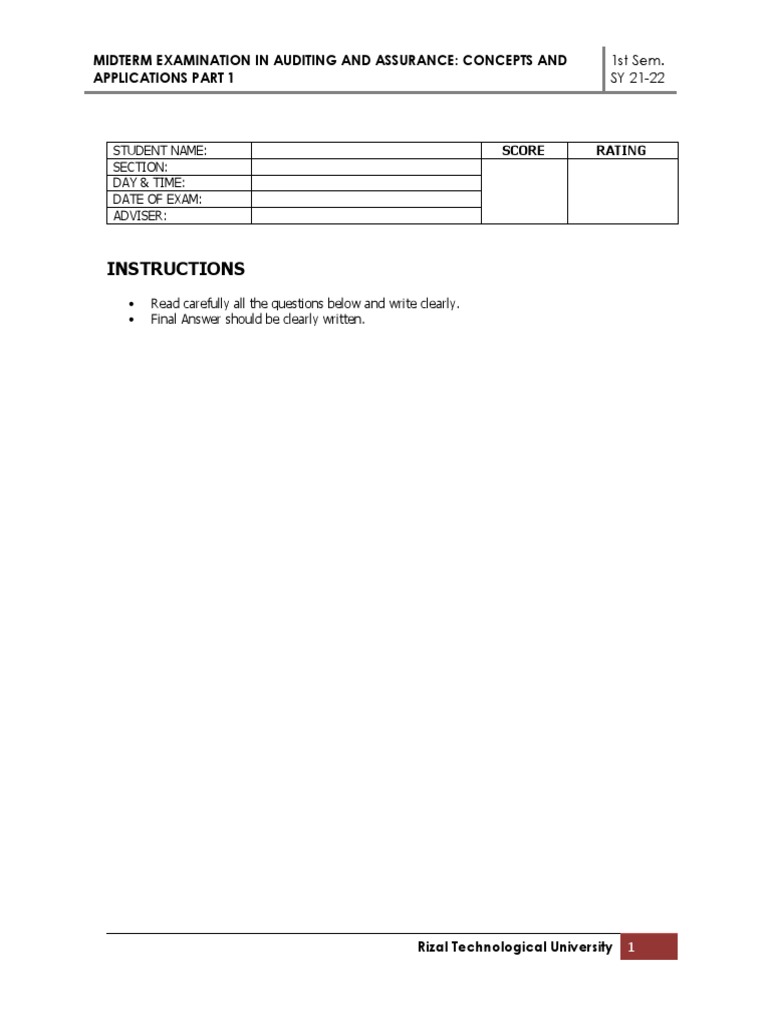 Midterm Examination for Auditing and Assurance Concepts and Applications: Analysis of Exam ...