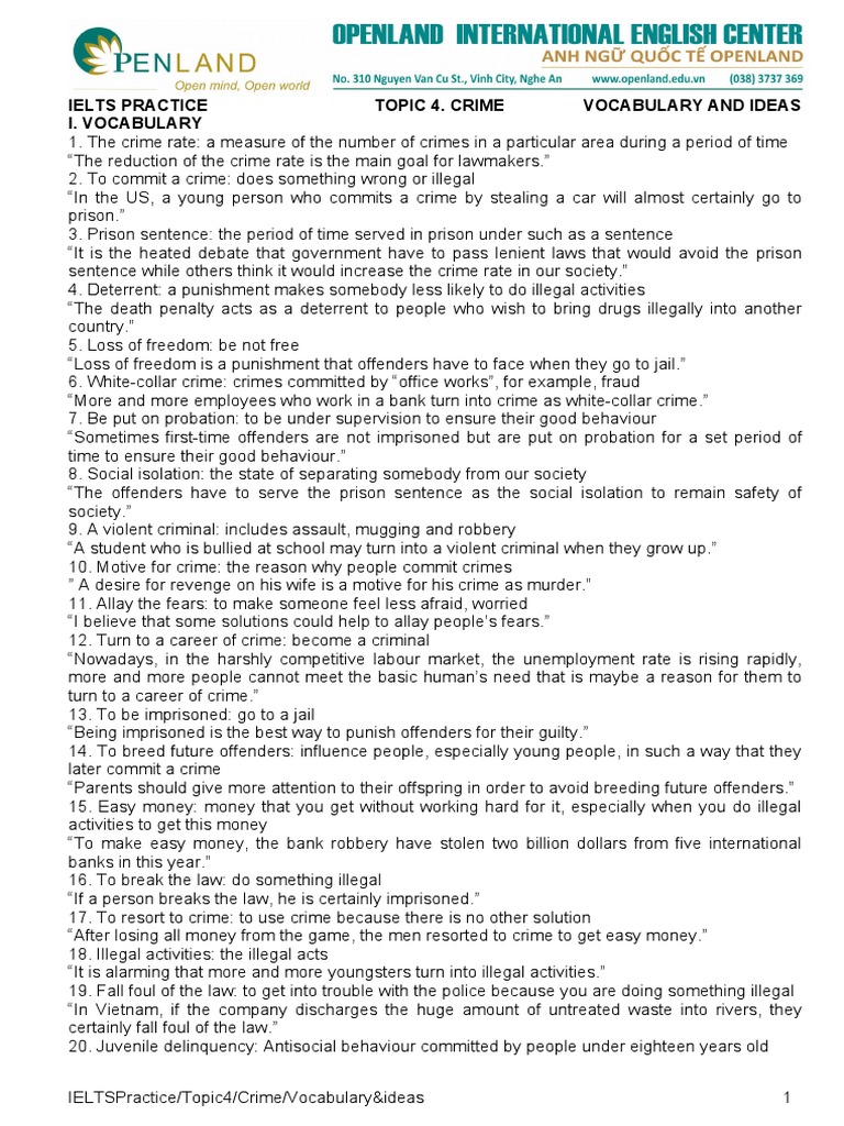 Ielts Practice Topic 4. Crime Vocabulary and Ideas I. Vocabulary | PDF ...