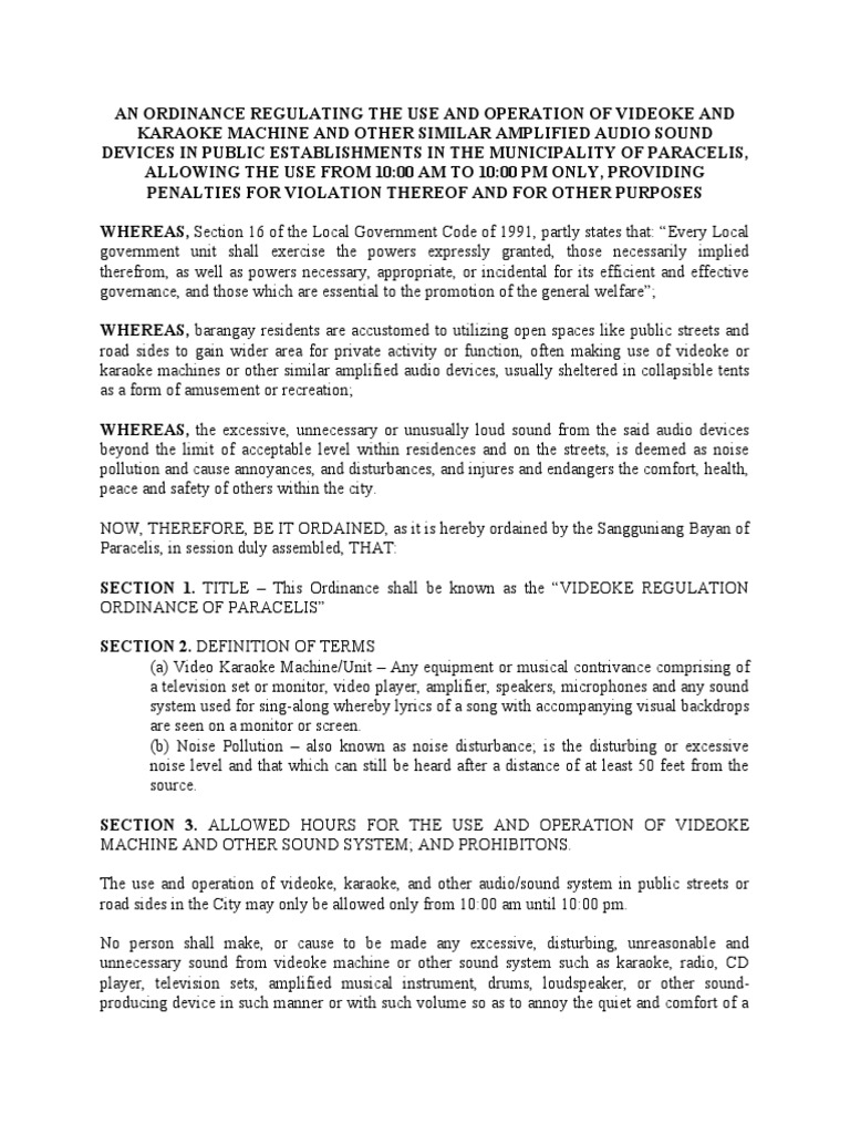 Videoke Regulation Ordinance of Paracelis | PDF | Noise | Public Law