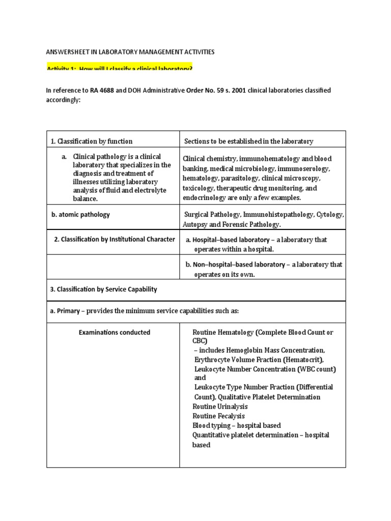 LABORATORY CLASSIFICATION | PDF | Pathology | Blood