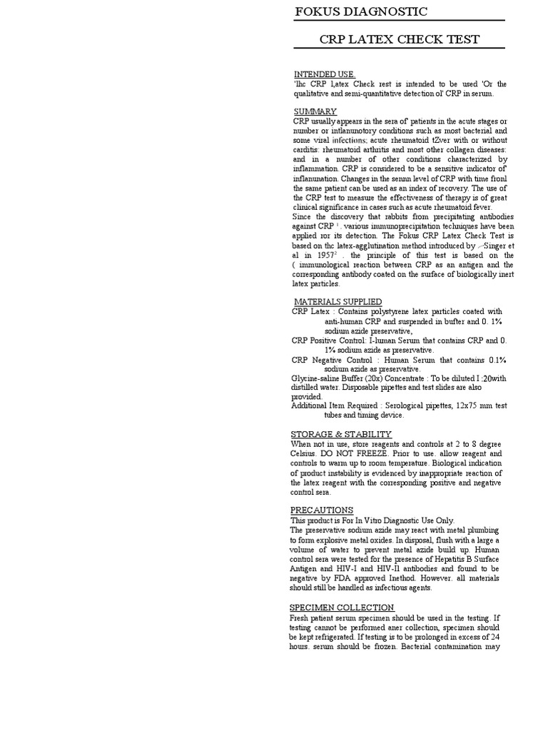CRP LATEX TEST DETECTS INFLAMMATION | PDF | C Reactive Protein | Serology