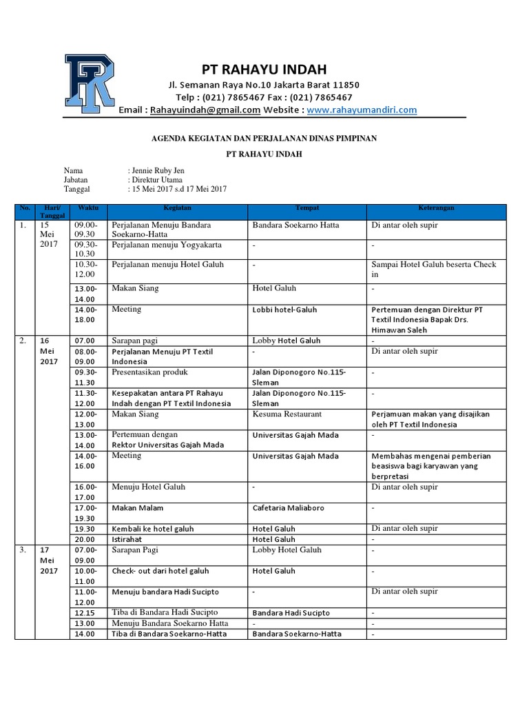 Contoh Agenda Kegiatan Perjalanan Dinas Pimpinan | PDF