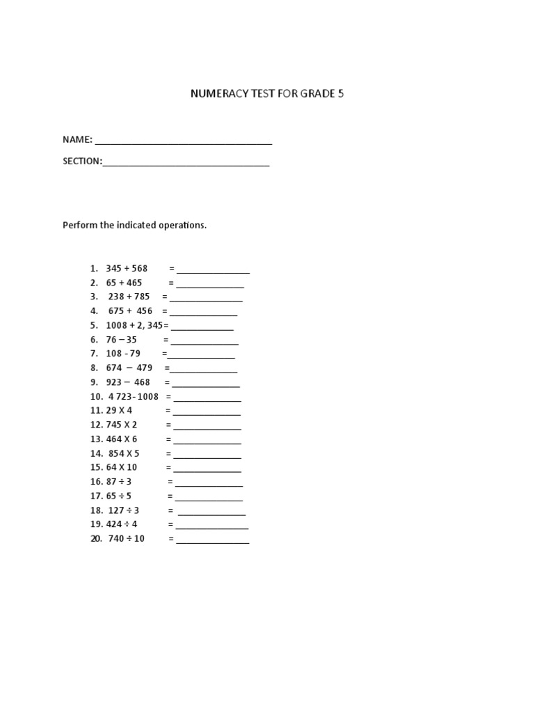 Numeracy Test For Grade 5 | PDF