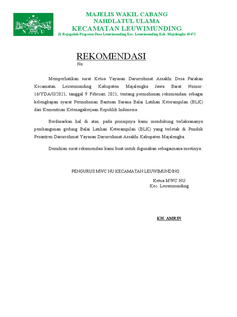 Contoh Surat Rekomendasi MWC | PDF