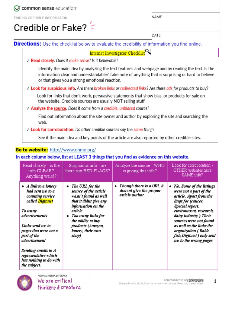 Lesson Task - Credible or Fake - Assignment | PDF | World Wide Web ...