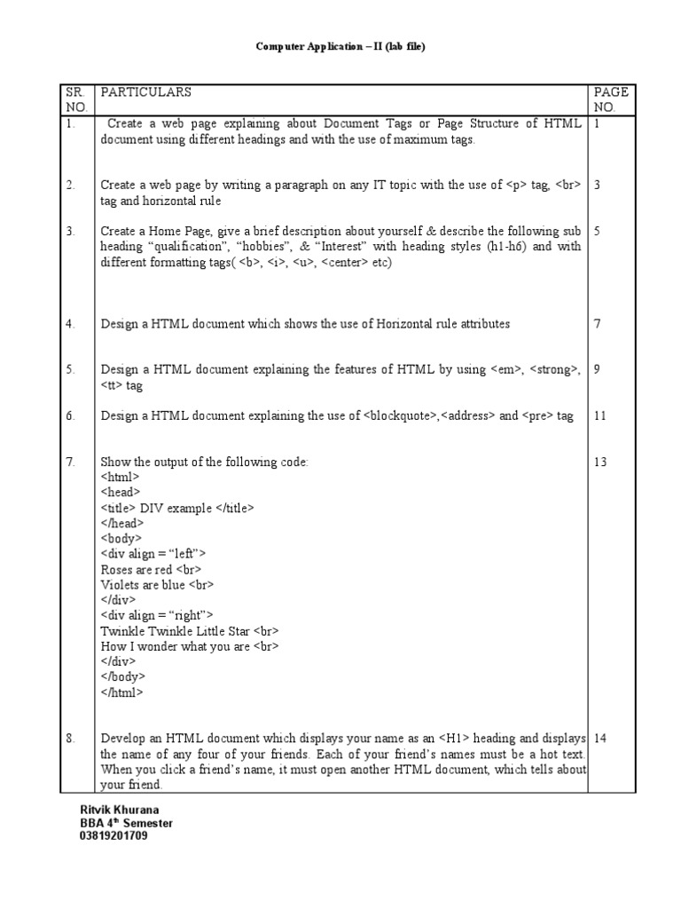 Computer Application - II (Lab File) | PDF | Web Page | Html