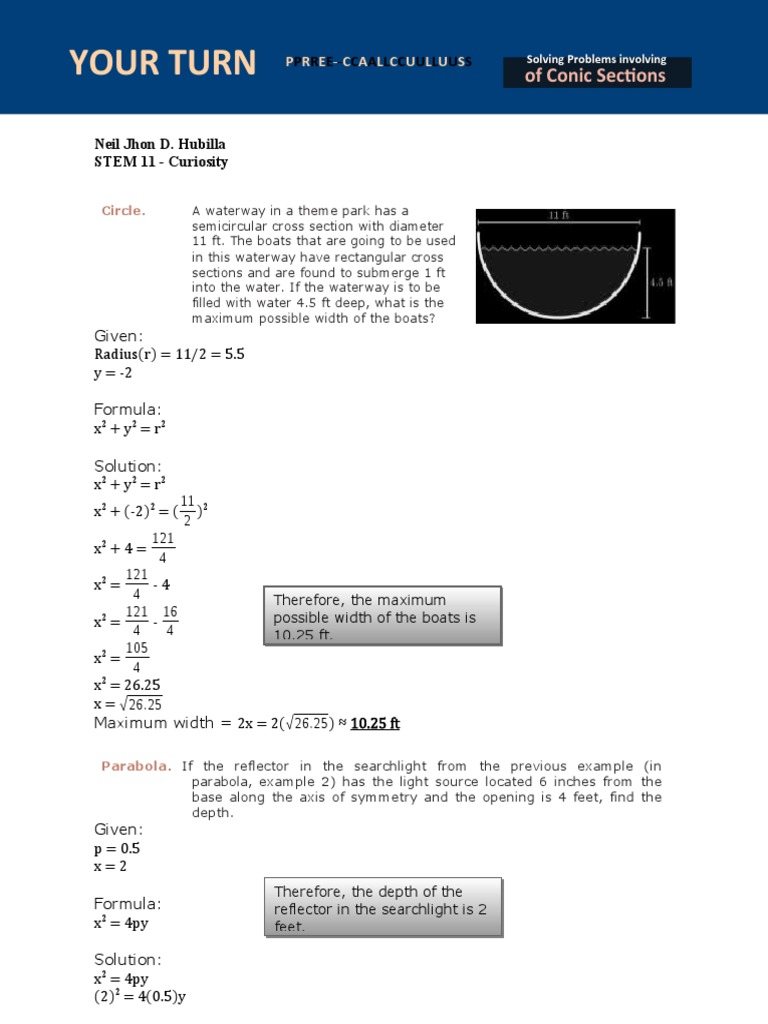 Precal 07 Word Problems On Conics, Your Turn | PDF | Ellipse | Euclidean Geometry