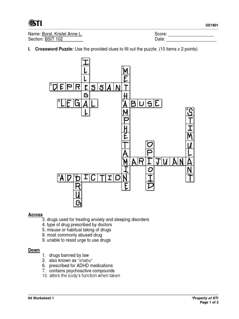 I. Crossword Puzzle: Use The Provided Clues To Fill Out The Puzzle. (10 ...