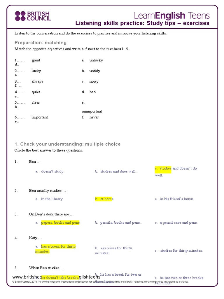 Listening Skills Practice: Study Tips - Exercises: Preparation ...