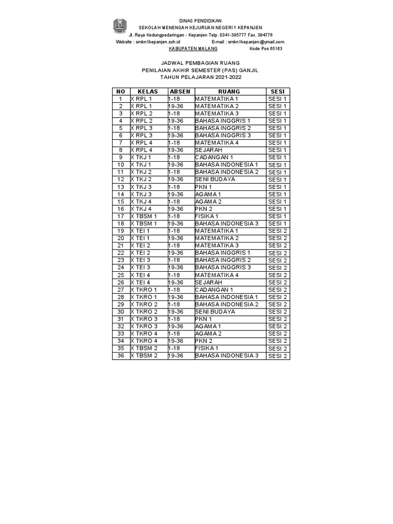 Pembagian Ruang Ujian Kelas X Fix | PDF