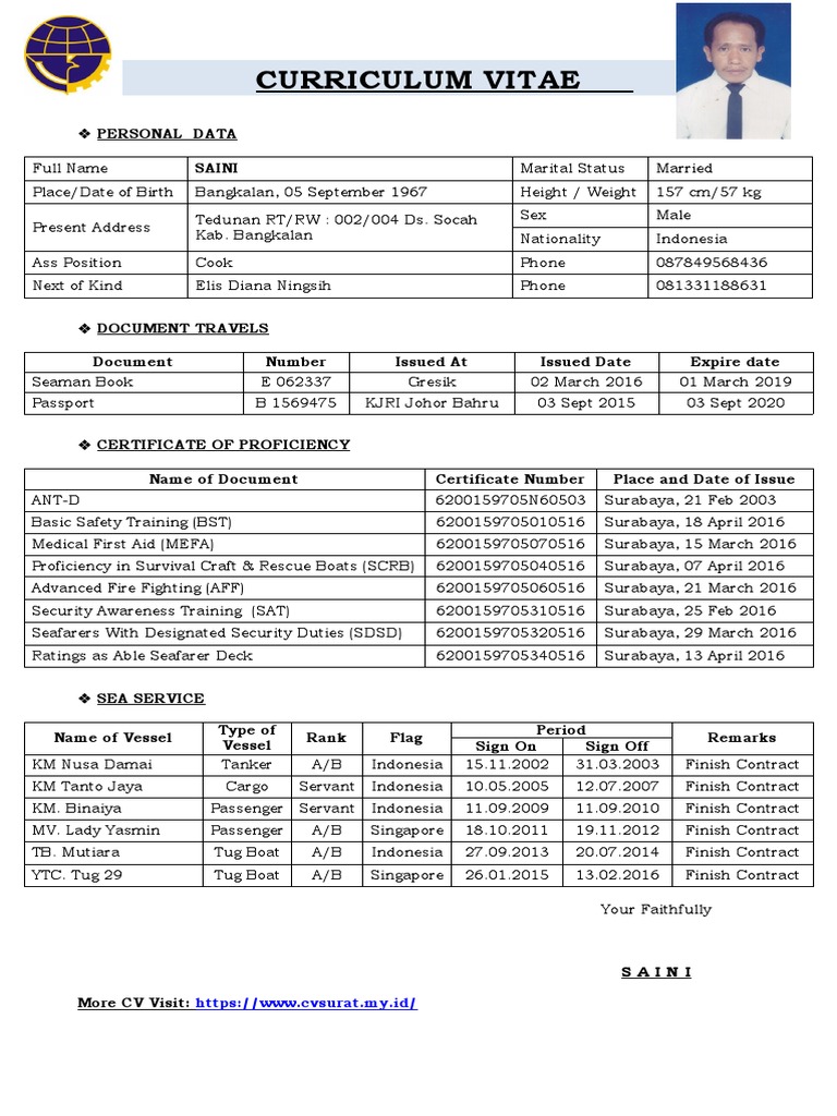 1 Contoh CV Pelaut Rating Bahasa Inggris | PDF | Water Transport | Shipping