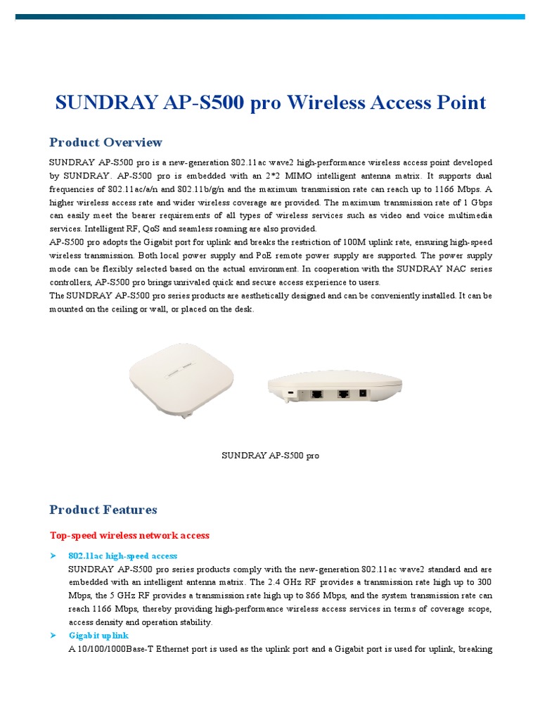 SUNDRAY AP-S500 Pro Wireless Access Point: Product Overview | PDF ...