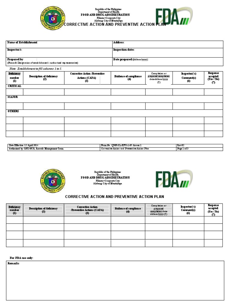 QWP SL RFO 1 05 Annex 1 CAPA - Plan - 2016 | PDF | Food And Drug ...