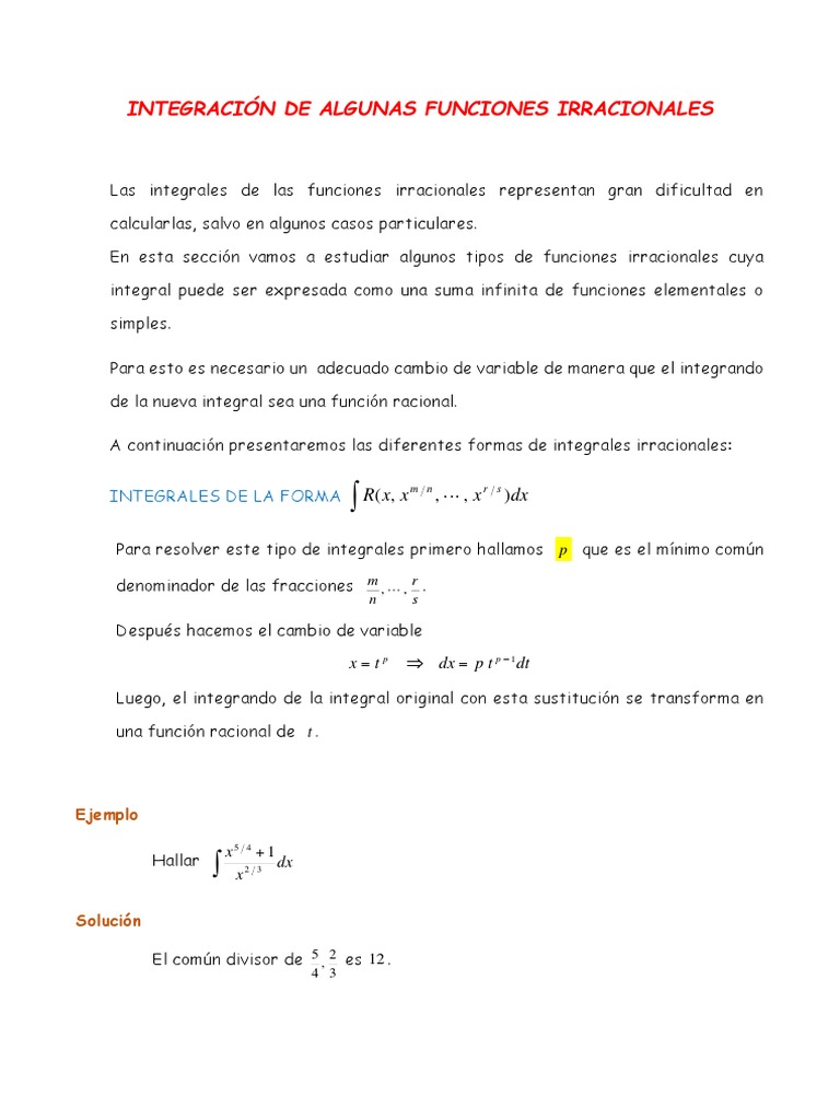 Integración de Algunas Funciones Irracionales: Integrales de La Forma ...
