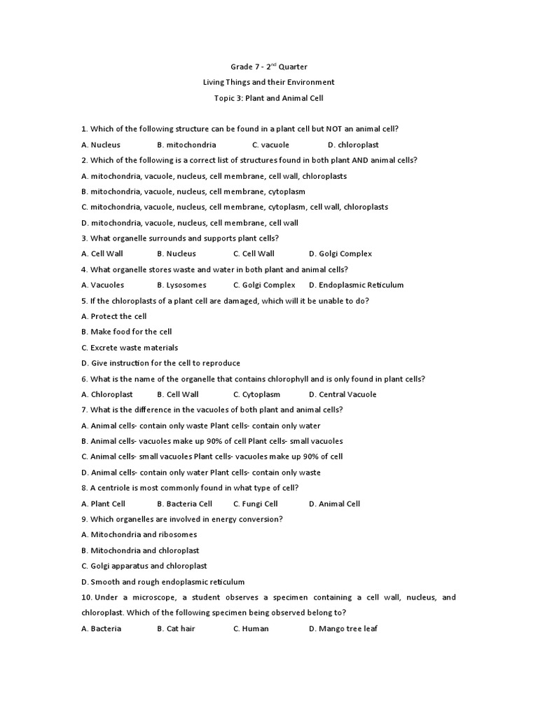 Plant-and-Animal-Cell Questionnaire | PDF | Cell (Biology) | Eukaryotes