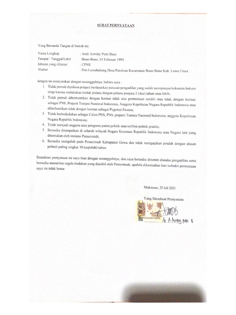 Surat Pernyataan Wiwin | PDF