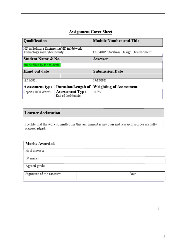 Assignment Cover Sheet Qualification Module Number and Title | PDF | Relational Model | Databases