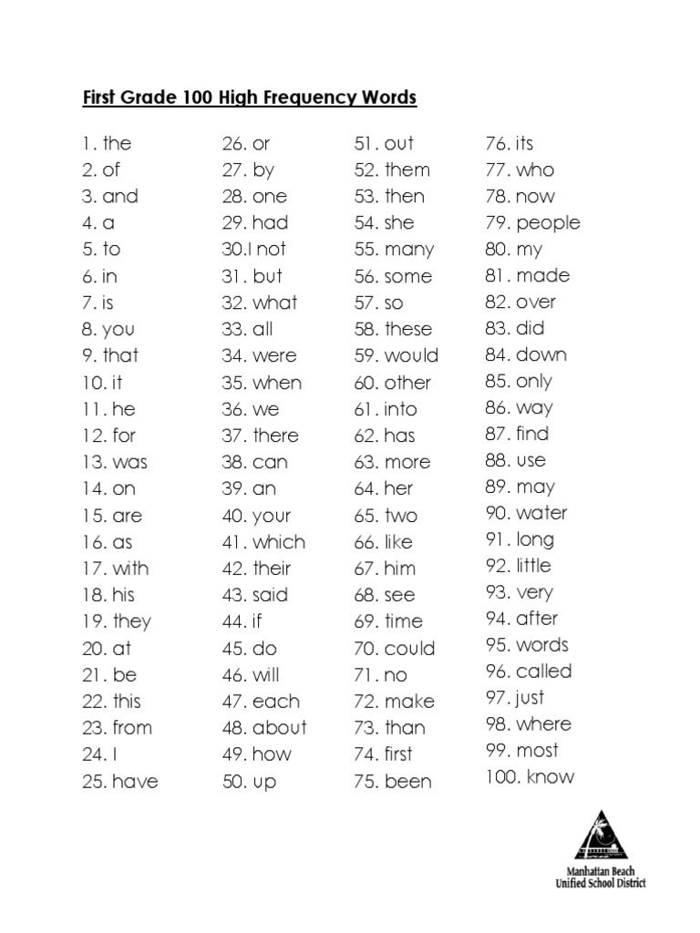 First 100 High Frequency Words | PDF