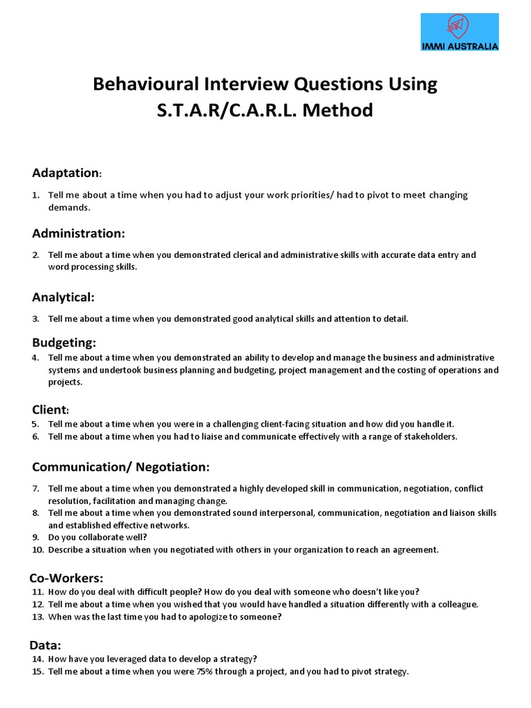 Behavioural Interview Questions Using S.T.A.R/C.A.R.L. Method | PDF ...