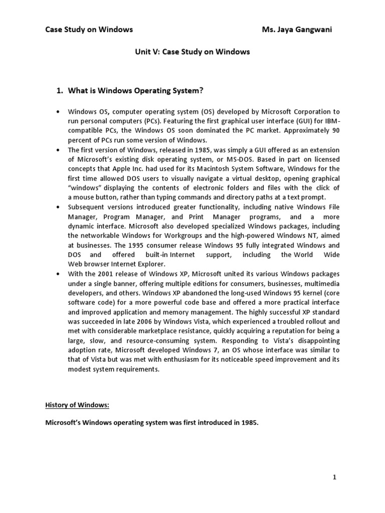 Case Study On Windows Ms. Jaya Gangwani Unit V: Case Study On Windows | PDF | Microsoft Windows ...