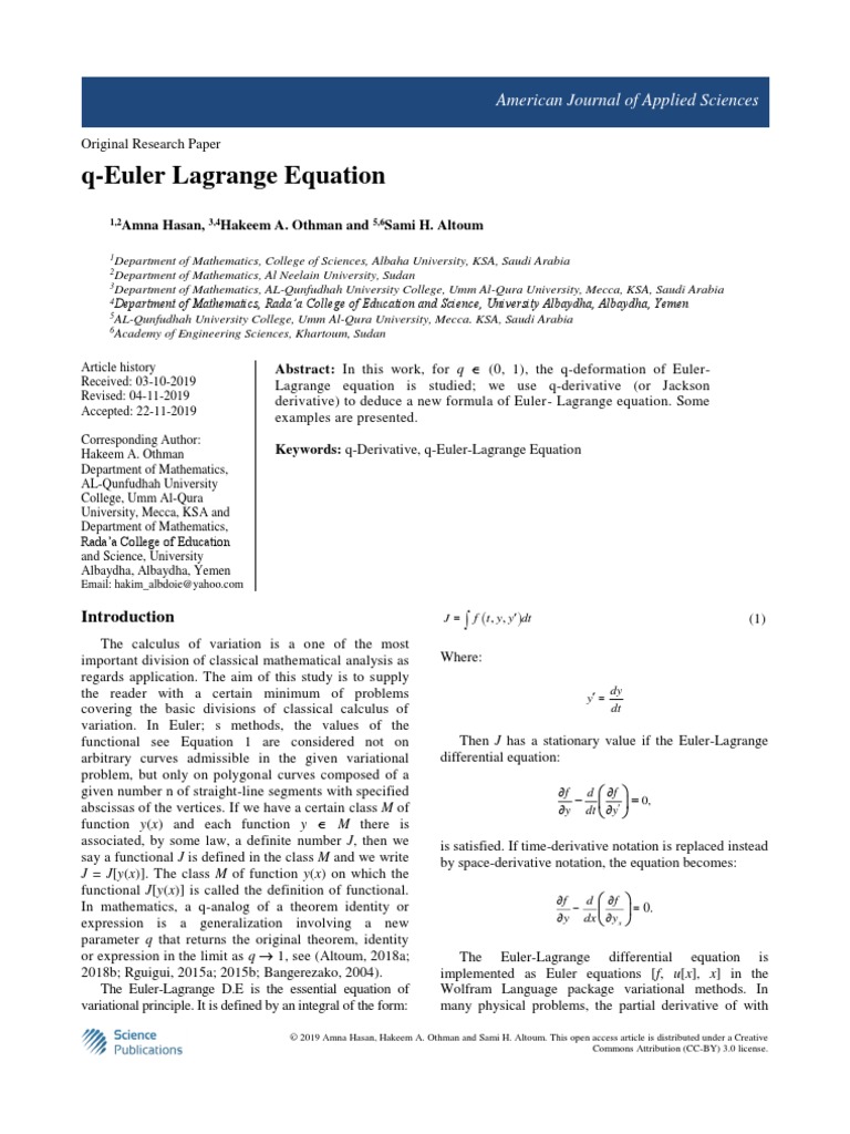 Q-Euler Lagrange Equation | PDF | Derivative | Calculus Of Variations