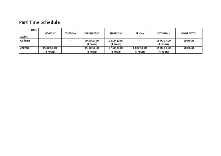 Part Time Schedule | PDF | Cooking, Food & Wine