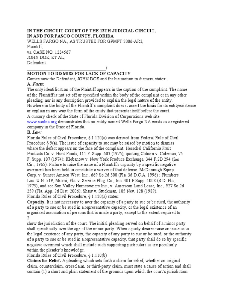 Motion To Dismiss Capacity Foreclosure | PDF | Complaint | Lawsuit