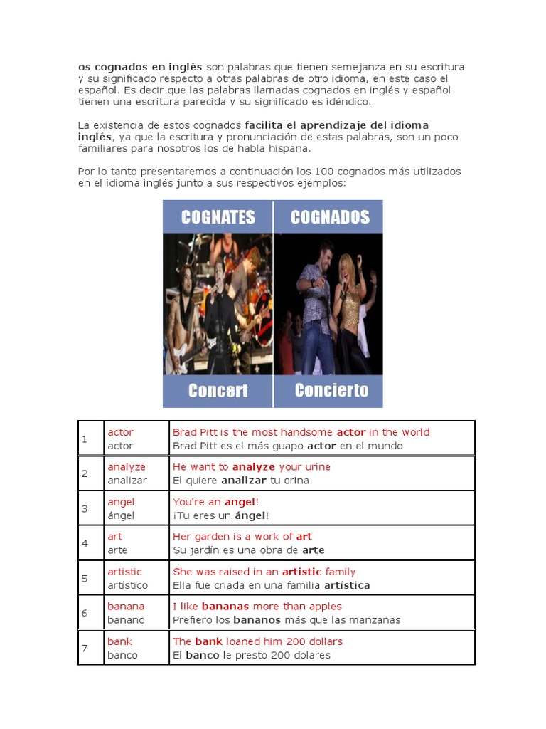 100 Cognados en Inglés y Español | PDF | Lingüística | Lenguas de Europa