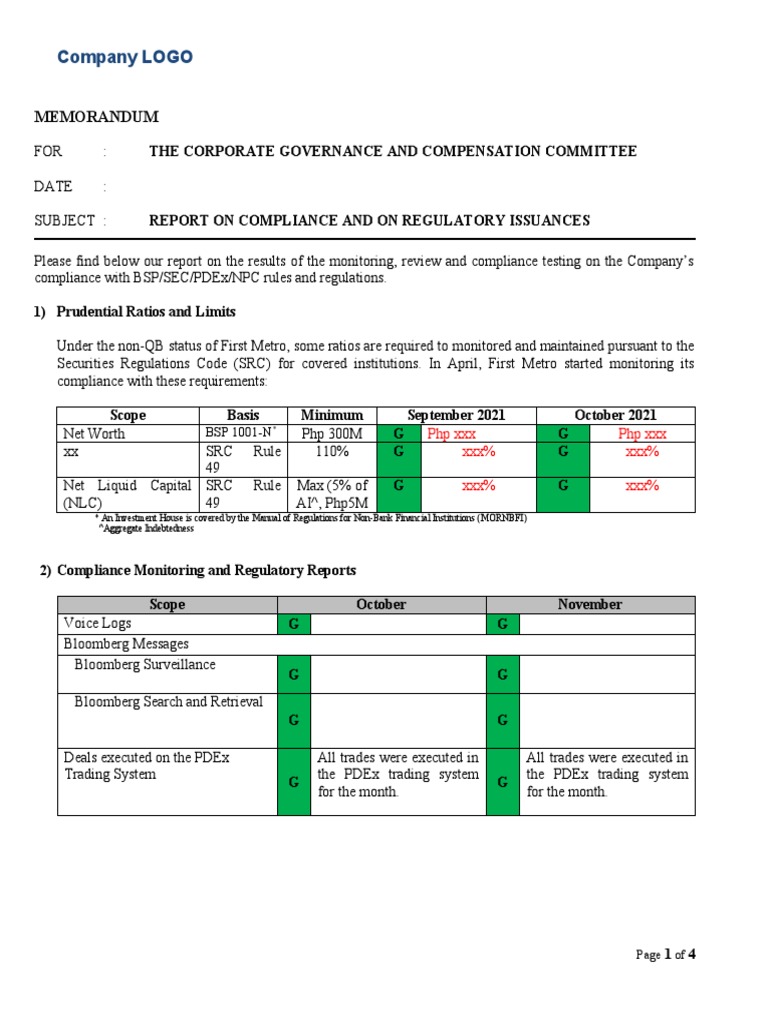 Monthly Regulatory Compliance Report | PDF | Regulatory Compliance ...
