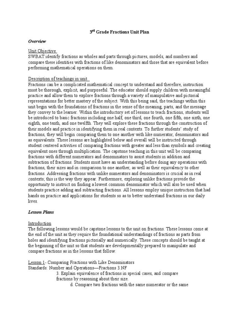 3rd Grade Fractions Unit Overview | PDF | Educational Assessment | Numbers