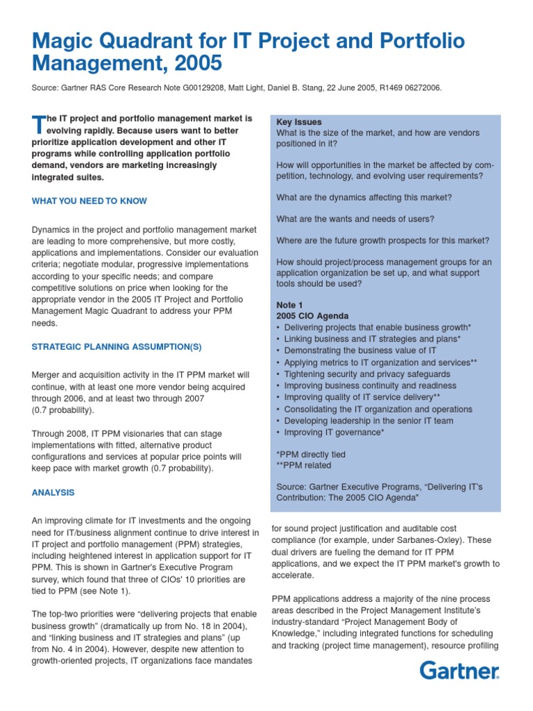 Gartner, Magic Quadrant For It Project and Portfolio Management, 2005 ...