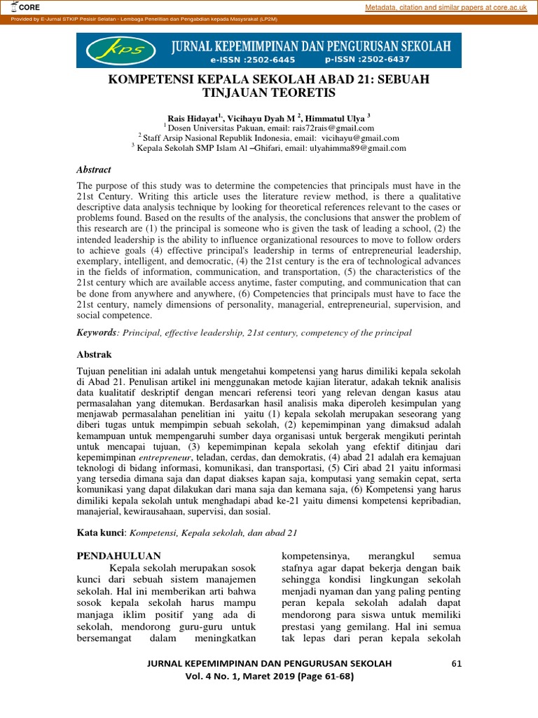 Kompetensi Kepala Sekolah Abad 21: Sebuah Tinjauan Teoretis: Rais Hidayat, Vicihayu Dyah M ...