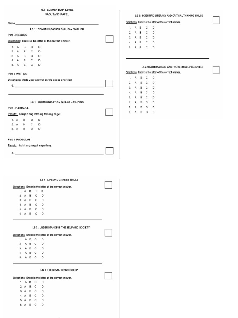 FLT Answer Sheet Elem | PDF