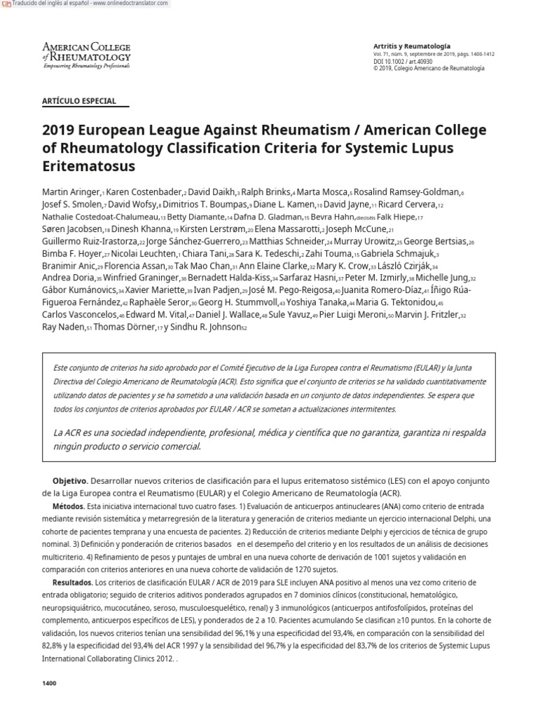 Classification Criteria Systemic Lupus Erythematosus - En.es | PDF ...