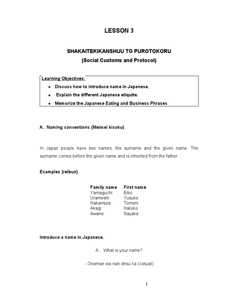 Lesson 3 - Foreign Language 1 Basic Japanese (Nihongo) | PDF ...
