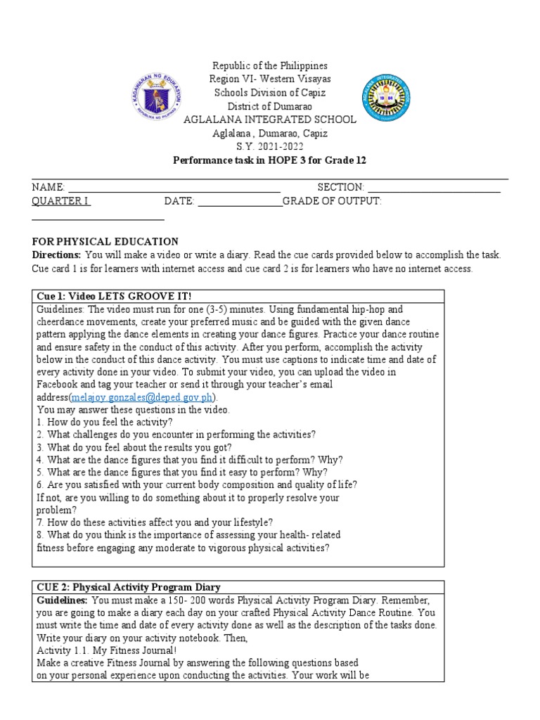 Grade 12 Hope Performance Task | PDF | Physical Fitness | Learning