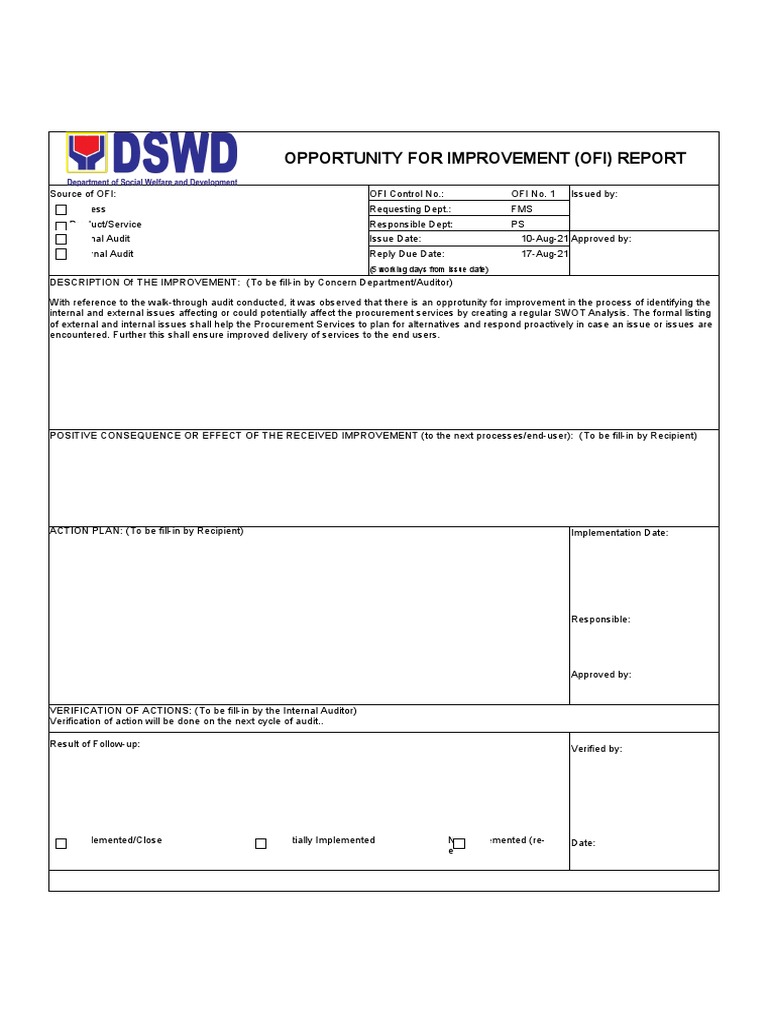 Sample OFI Report Form | PDF | Audit | Internal Audit