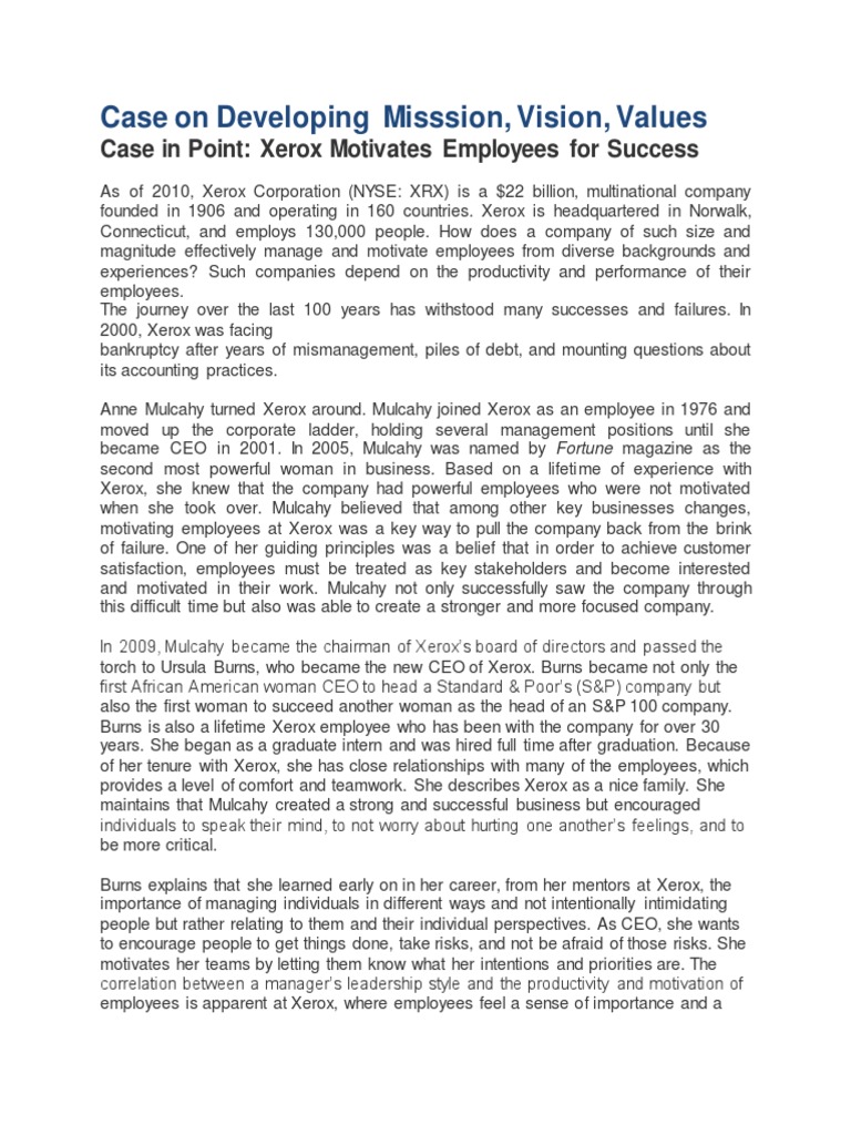 CS1 Case On Developing Misssion, Vision, Values | PDF | Employee ...