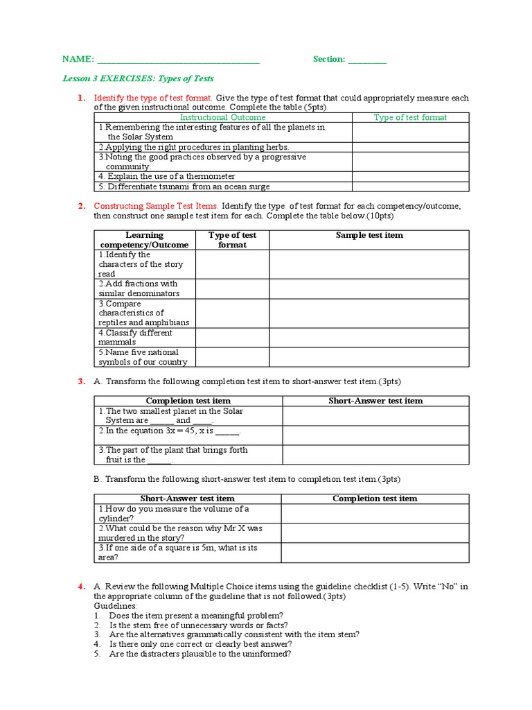 Lesson 3 EXERCISES Types Of Tests PDF Multiple Choice