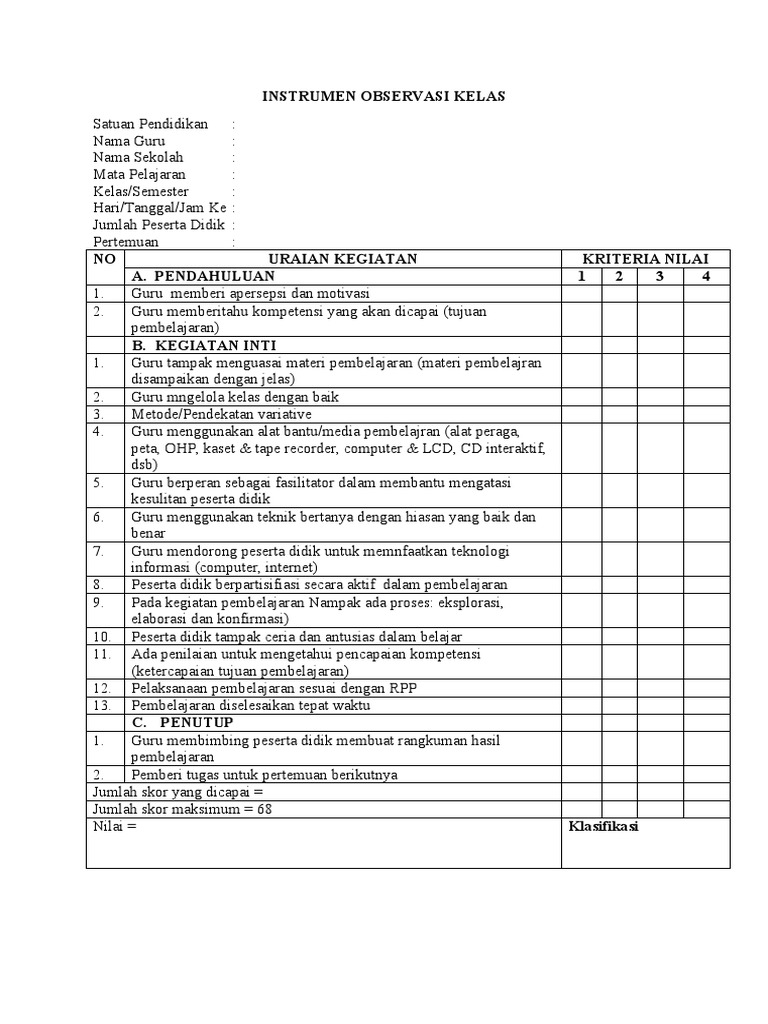 Instrumen Observasi Kelas Oleh Kepsek | PDF