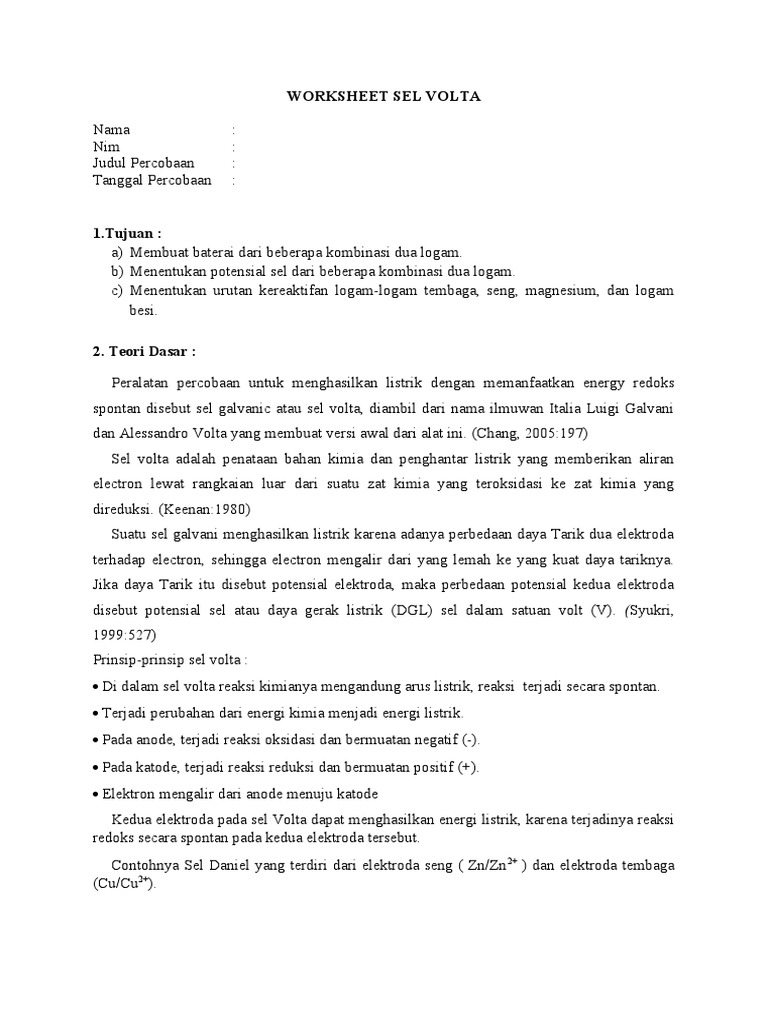 Worksheet Sel Volta | PDF | Sains & Matematika | Teknologi & Rekayasa