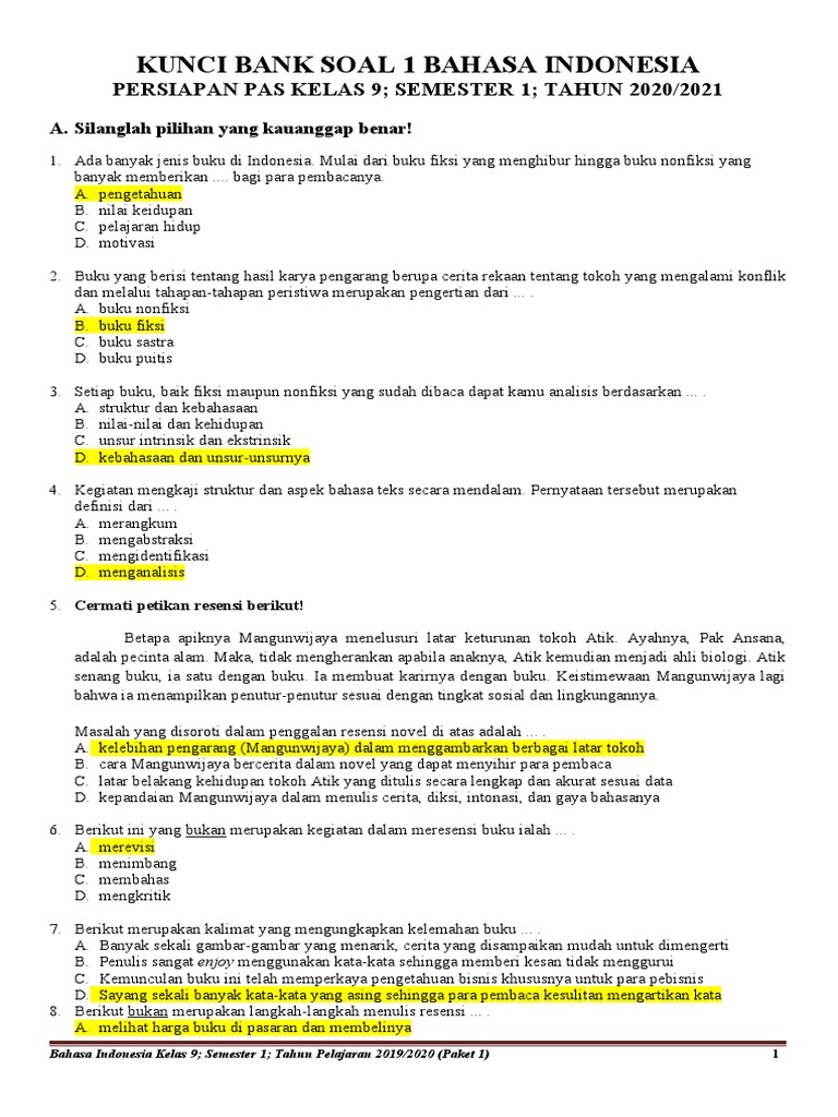 Kunci BANK SOAL 1 Kls 9 PAS 2020 | PDF