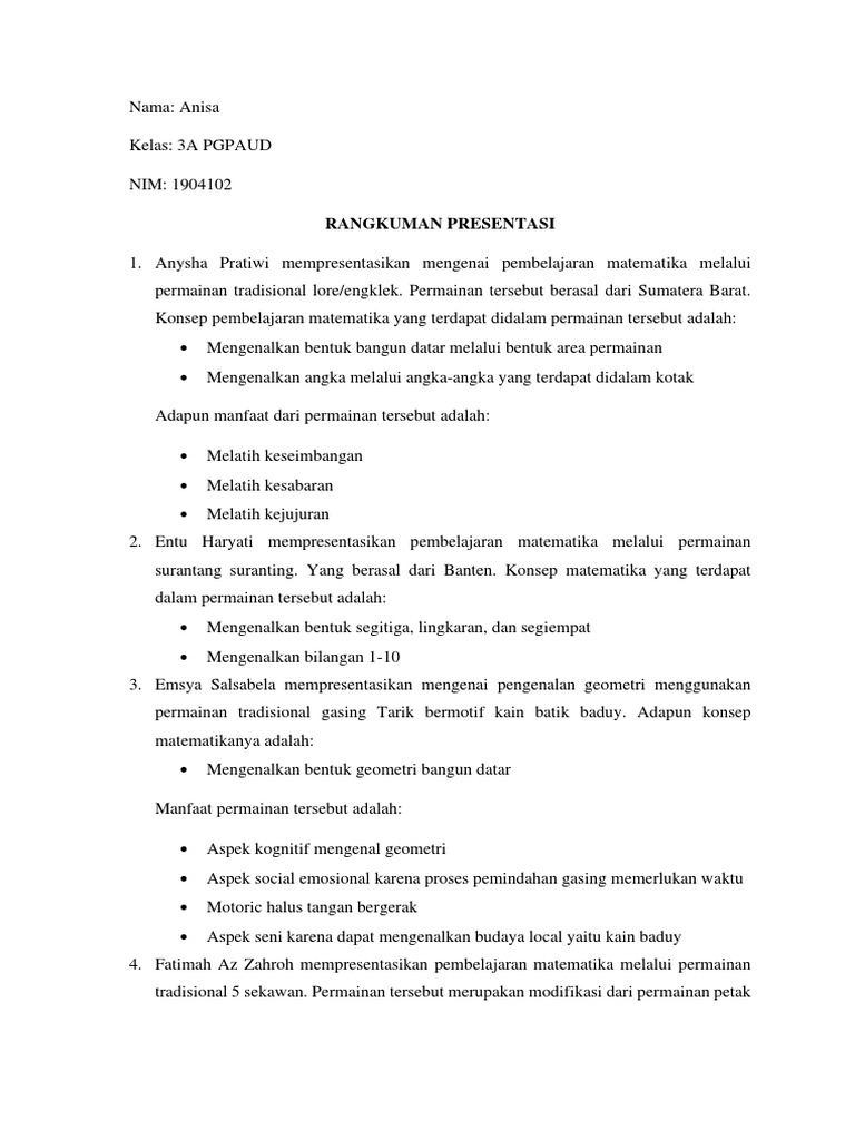 Rangkuman Presentasi Anisa 1904102 3A PGPAUD | PDF | Olahraga & Rekreasi | Game & Aktivitas